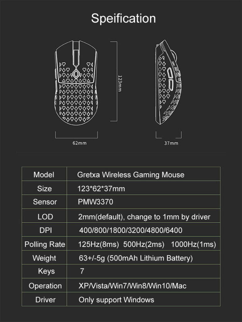 Vancer gretxa Wireless Game Mouse – pmw3370 – X-raypad